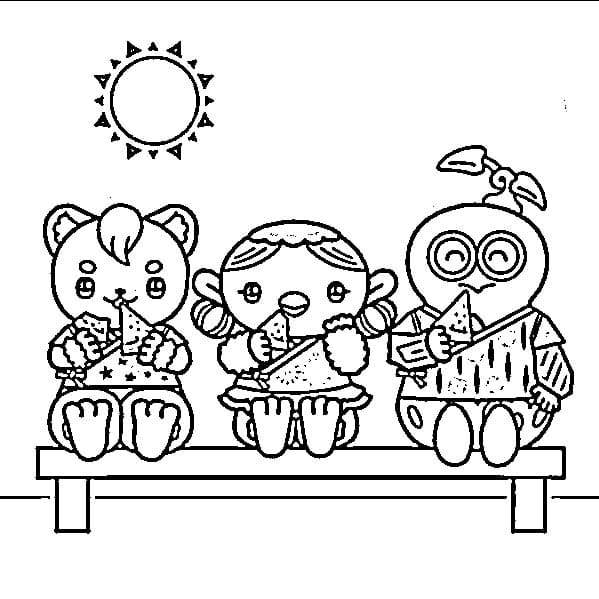 友達と一緒にスイカを食べて楽しもう - 印刷可能ぬりえ無料ダウンロード